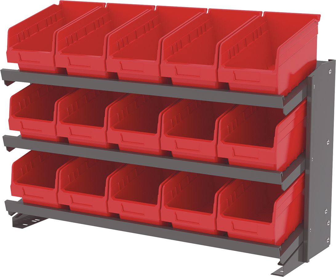 Bench Pick Rack, 12" Deep Shelves, 3 Shelves, 15 Red ShelfMax® Bins ...