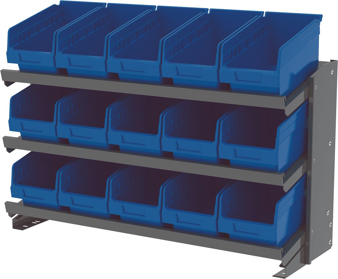 Bench Pick Rack, 12" Deep Shelves, 3 Shelves, 15 Blue ShelfMax® Bins ...