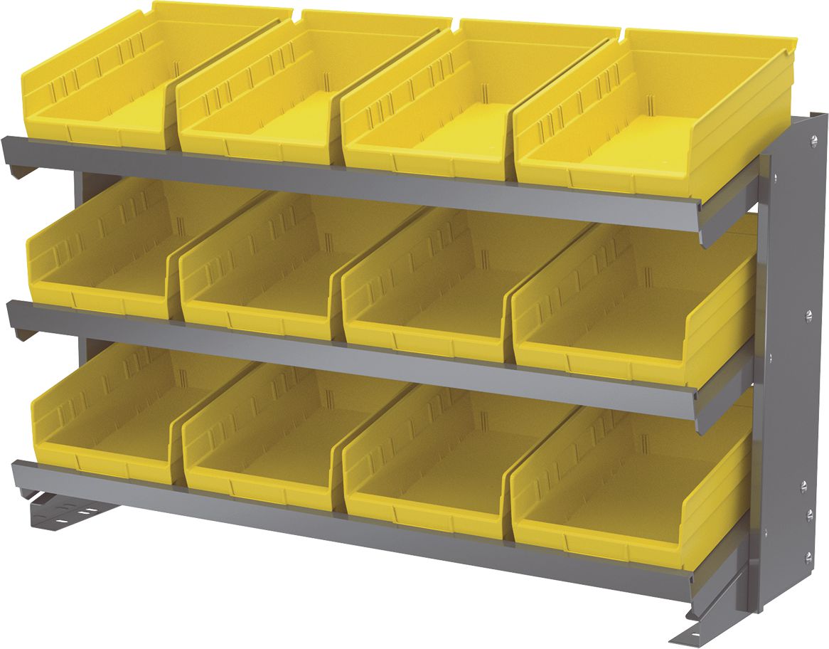 Bench Pick Rack, 12" Deep Shelves, 3 Shelves, 12 Yellow Shelf Bins ...