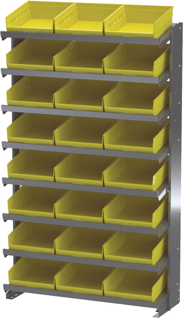Single-Sided Pick Rack, 8 12" Deep Shelves, 24 Yellow Shelf Bins ...
