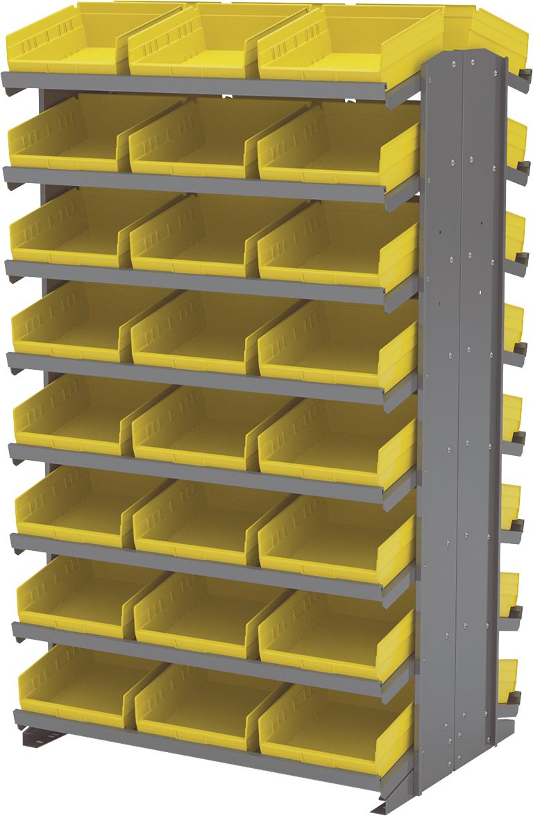 Double-Sided Pick Rack, 16 12" Deep Shelves, 48 Yellow Shelf Bins ...