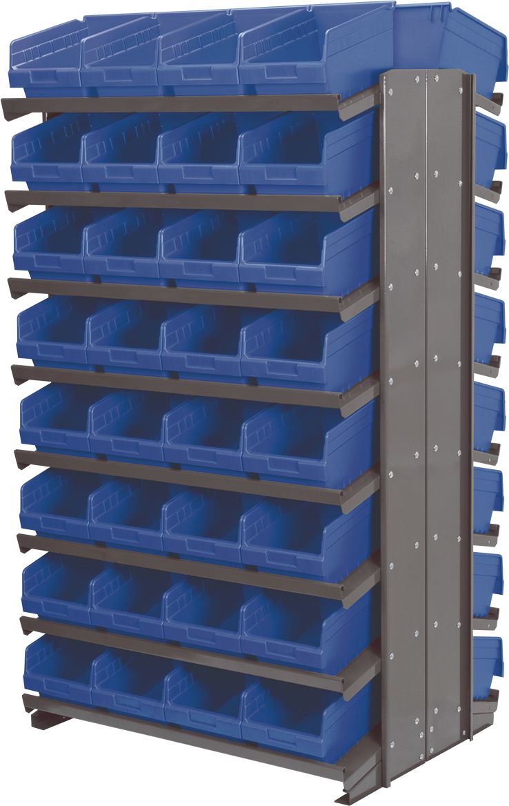 Double-Sided Pick Rack, 16 12" Deep Shelves, 64 Blue ShelfMax® Bins ...