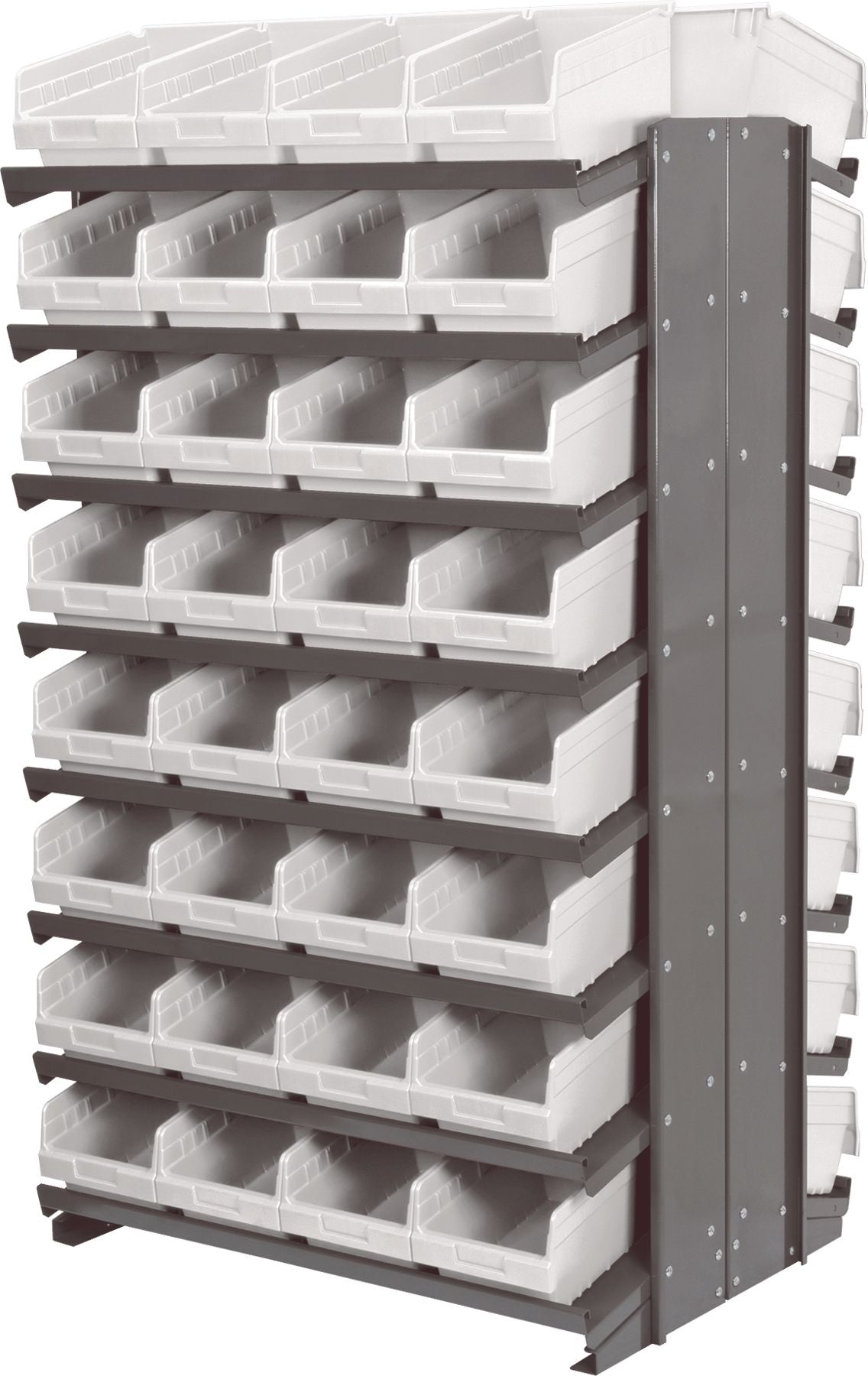 Double-Sided Pick Rack, 16 12" Deep Shelves, 64 White ShelfMax® Bins ...