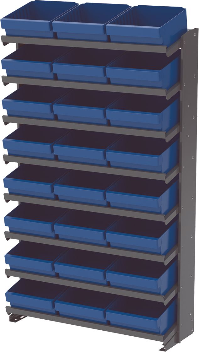 Single-Sided Pick Rack, 8 12" Deep Shelves, 24 Blue AkroDrawers ...