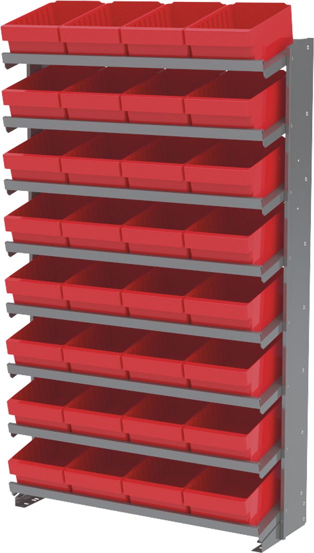 Single-Sided Pick Rack, 8 18" Deep Shelves, 32 Red AkroDrawers ...