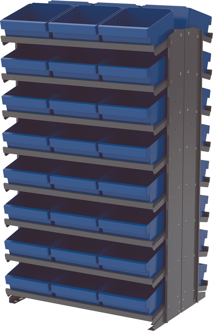 Double-Sided Pick Rack, 16 12" Deep Shelves, 48 Blue AkroDrawers ...