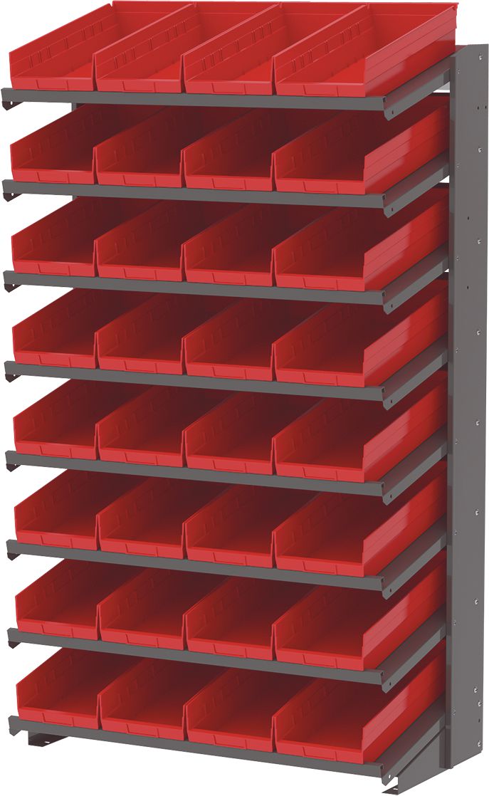 Single-Sided Pick Rack, 18" Deep Shelves, 8 Shelves, 36 Red Shelf Bins ...