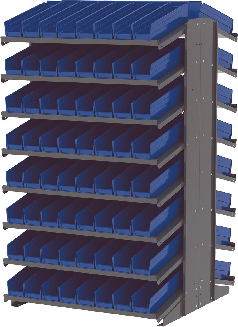Double-Sided Pick Rack, 16 18" Deep Shelves, 132 Blue Shelf Bins ...