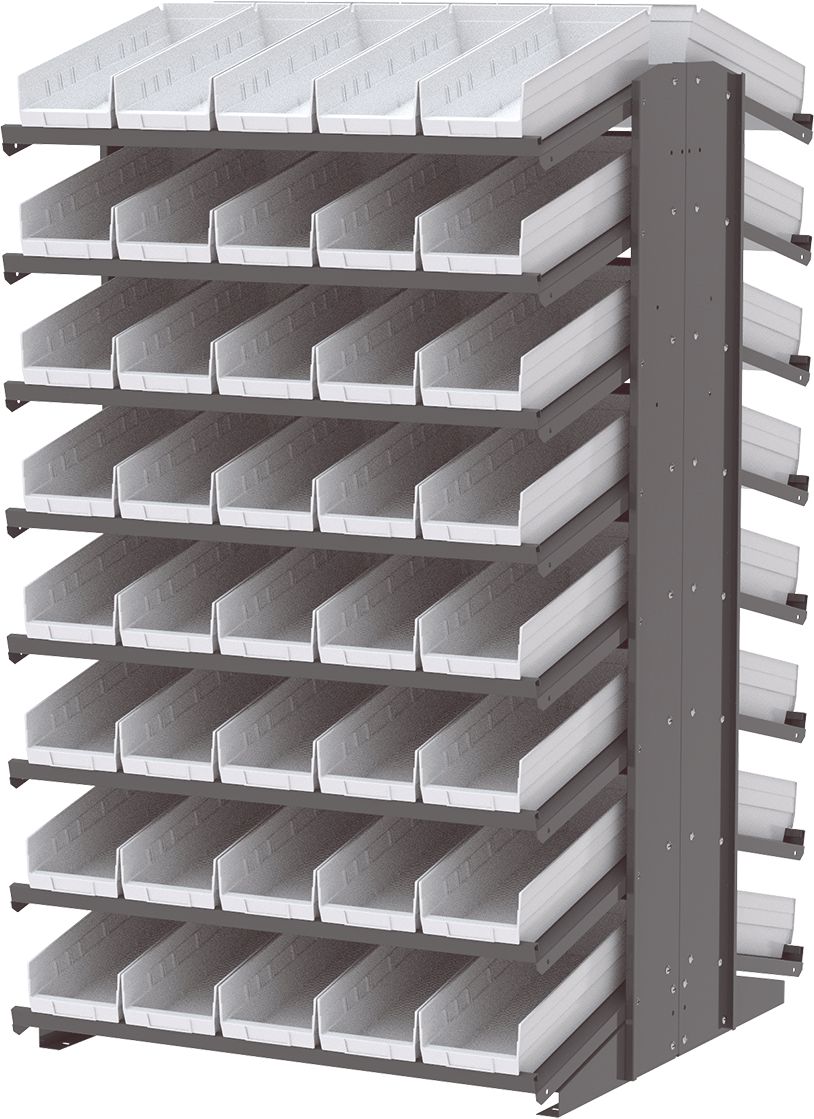 Double-Sided Pick Rack, 16 18" Deep Shelves, 84 White Shelf Bins ...