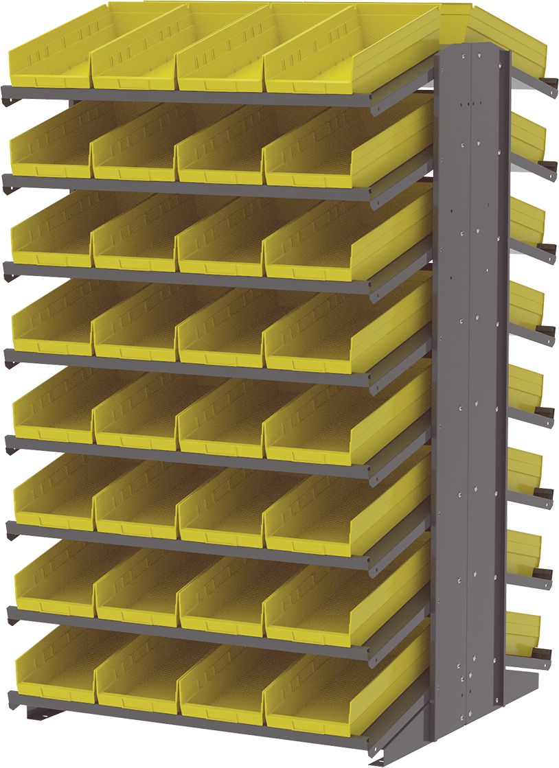 Double-Sided Pick Rack, 16 18" Deep Shelves, 72 Yellow Shelf Bins ...