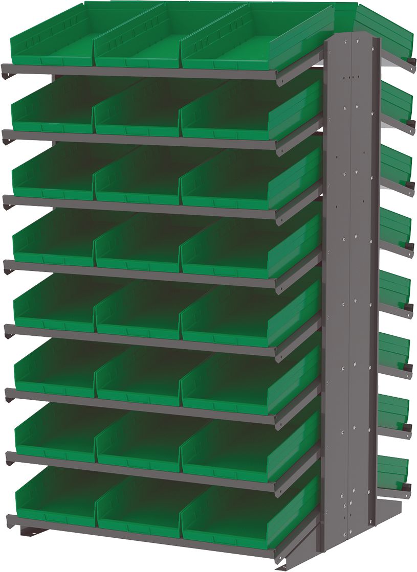 Double-Sided Pick Rack, 16 18" Deep Shelves, 48 Green Shelf Bins ...