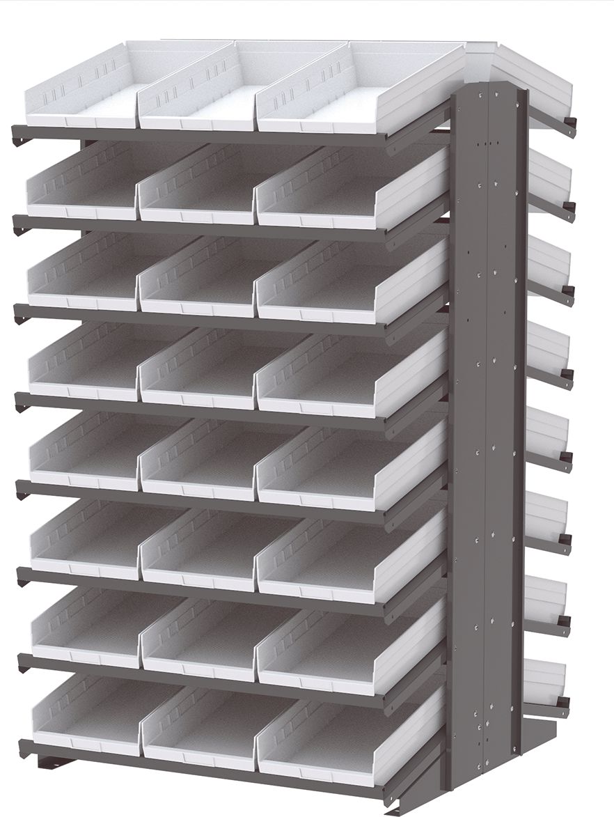 Double-Sided Pick Rack, 16 18" Deep Shelves, 48 White Shelf Bins ...