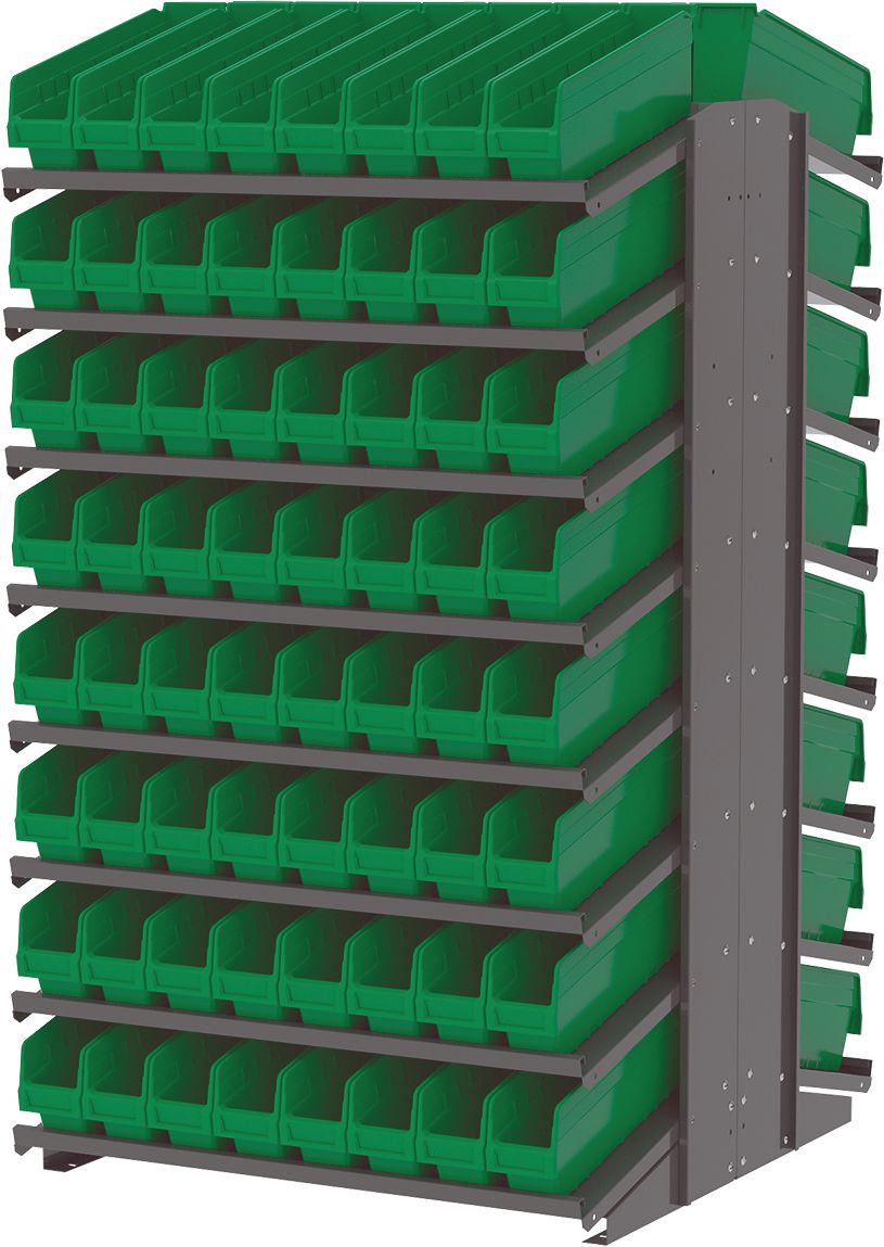 Double-Sided Pick Rack, 16 18" Deep Shelves, 128 Green ShelfMax® Bins ...