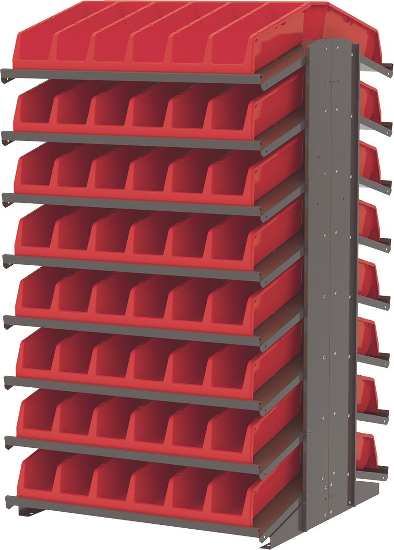 Double-Sided Pick Rack, 16 18" Deep Shelves, 16 Red System Bins ...