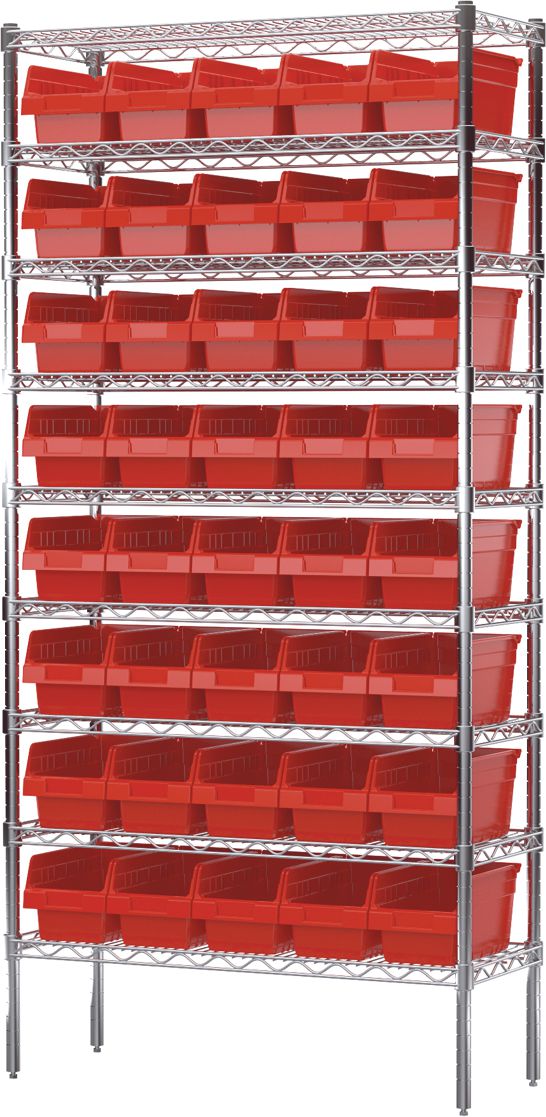 ShelfMax™ Wire Shelving System, 3W x 14" D x 74" H, 40 Red Bins ...