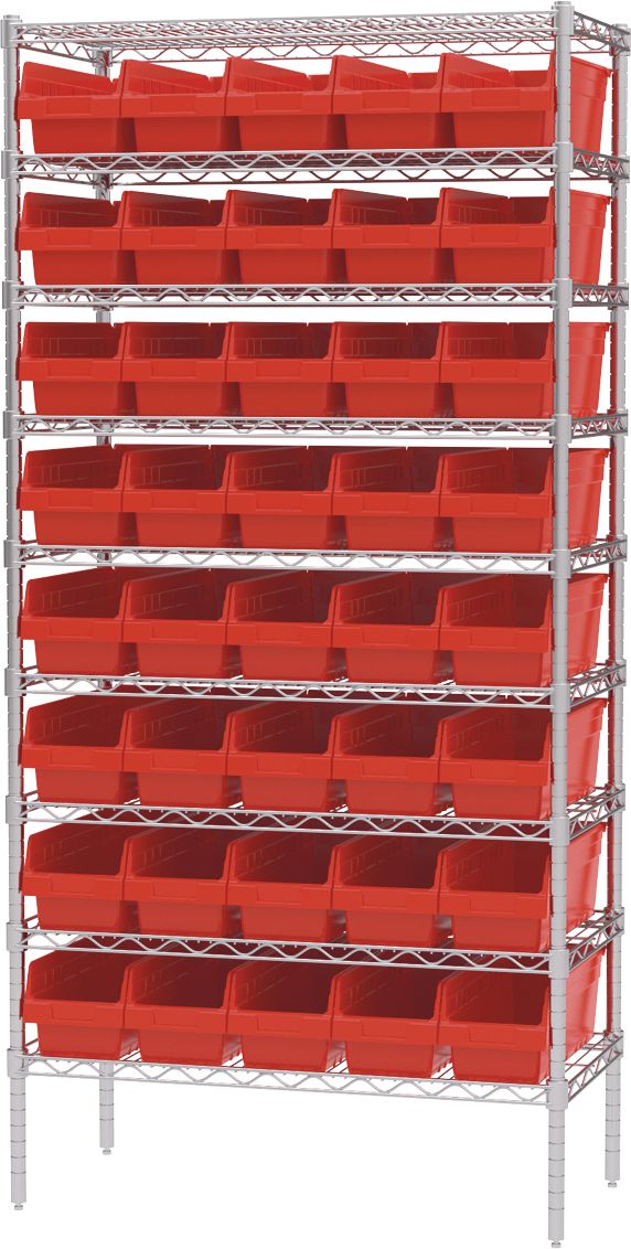 ShelfMax™ Wire Shelving System, 3W x 18" D x 74" H, 40 Red Bins ...