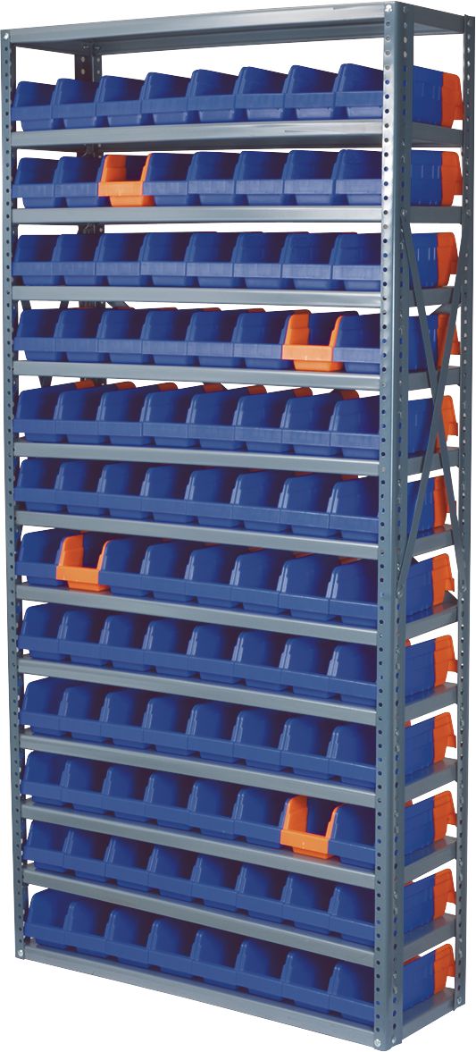 Indicator™ Steel Shelving System, 13 Shelves, 96 Blue/Orange Bins ...