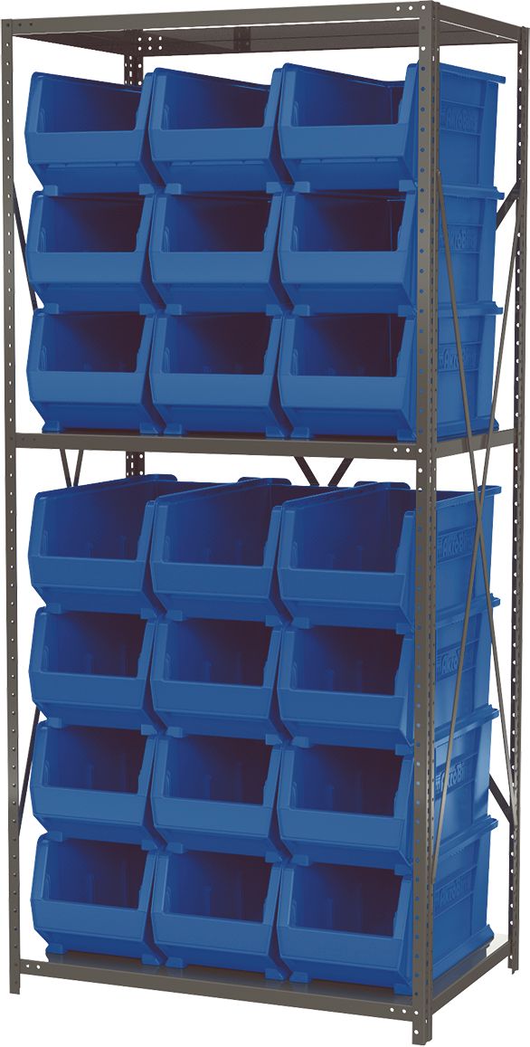 Super-Size AkroBin® Steel Shelving System, 3 Shelves, 24 Blue Bins ...
