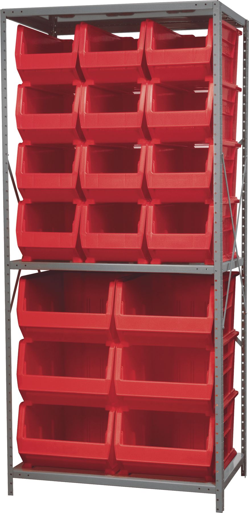 Super-Size AkroBin® Steel Shelving System, 3 Shelves, 18 Red Bins ...