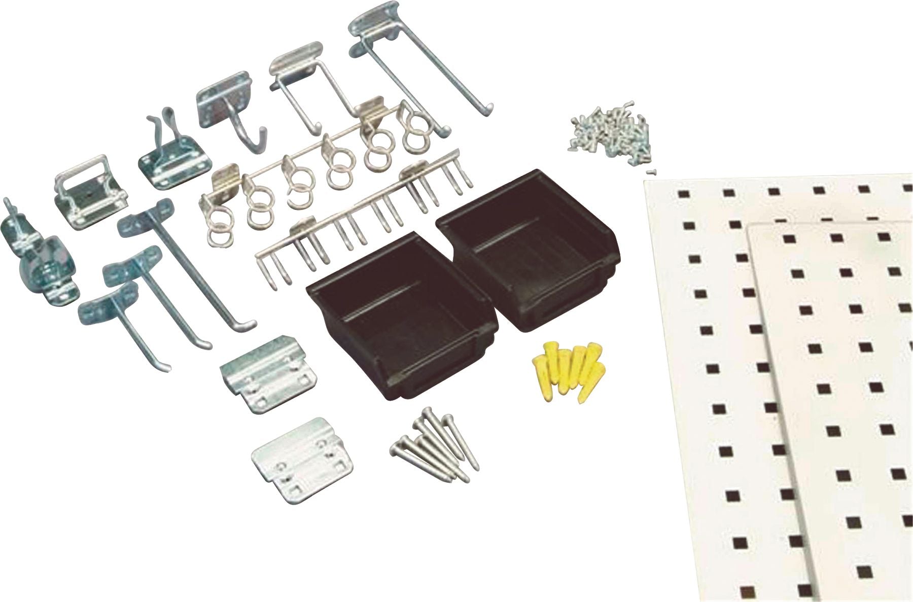 LocBoard™ Pegboard, 18" x 36", White, 28 Hooks, 4 Bins – Lawson Products